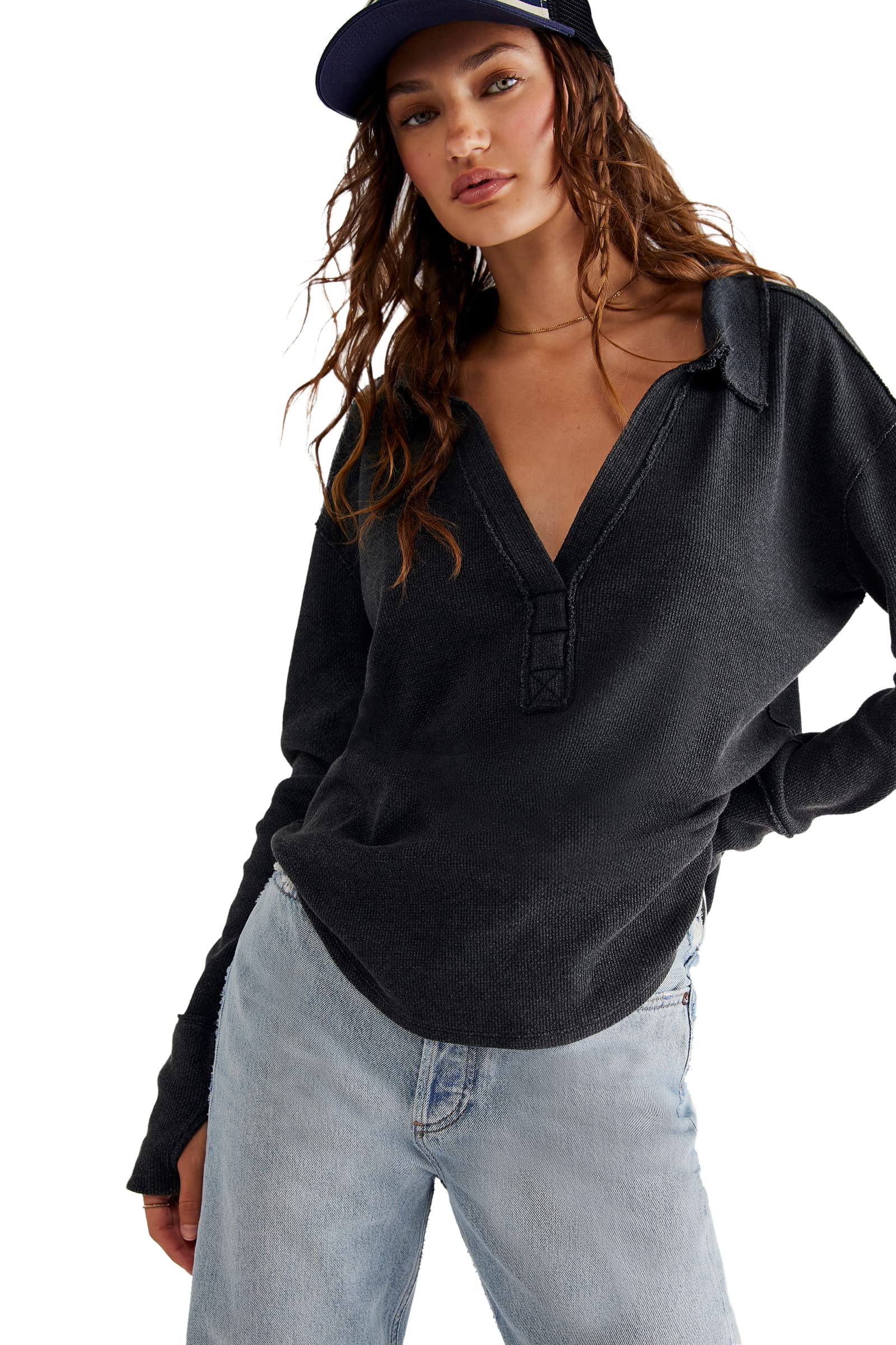 Free People Anakin Thermal Top for Women - Slouchy Fit, Curved Hemline, Pullover Style, Relaxed, and Comfy Sweater Ecru SM (Women's 4-6) One Size