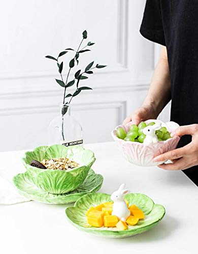 Espicades Cabbage Series Cartoon Ceramic Dinner Bowl&Plate with Spoon Set-Pink/Green(1 Bowl+1 Plate+1 Spoon) Set of 3