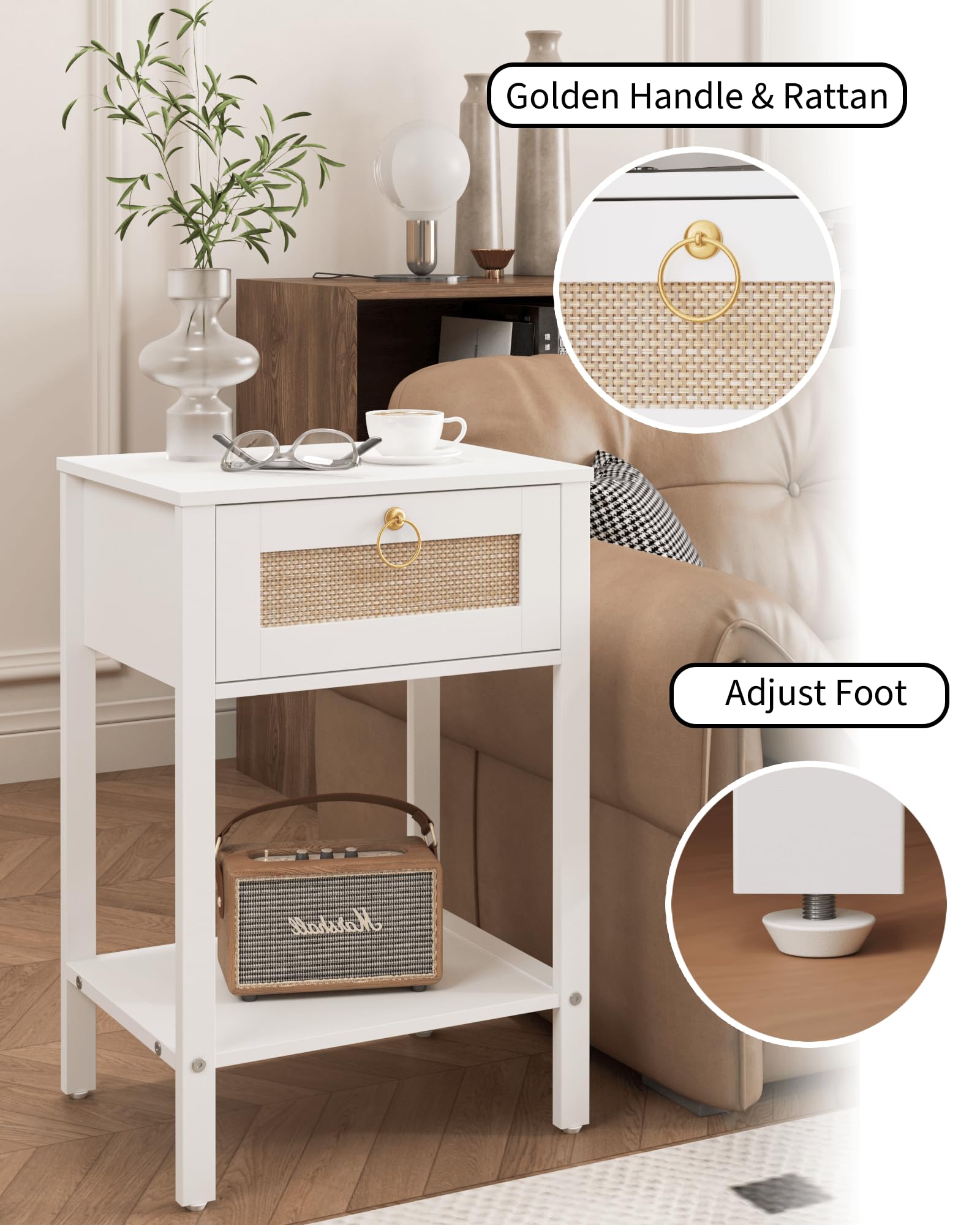 JOONEE Rattan Nightstand,Modern Farmhouse Bedside Table with Storage Drawer and Shelf (White)