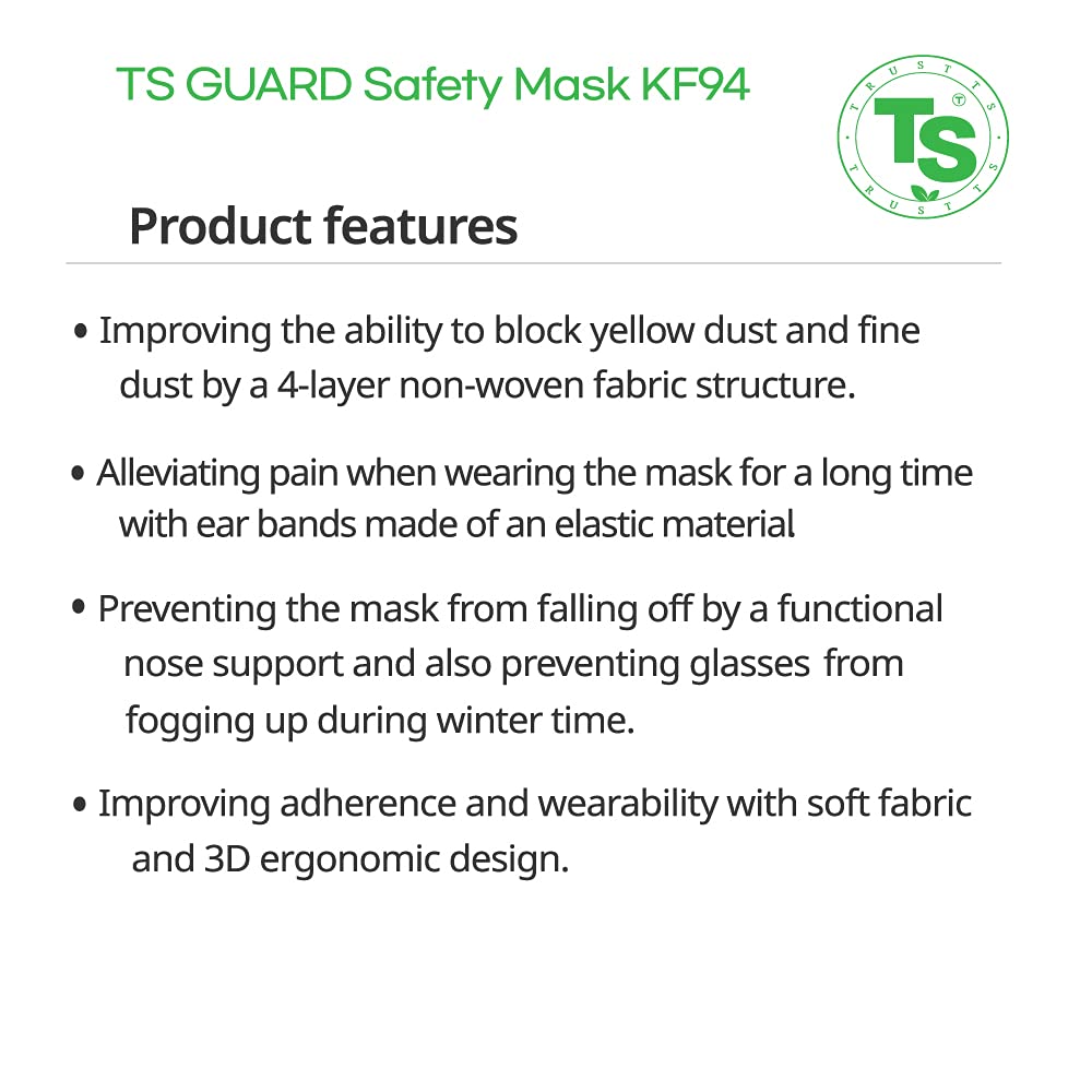 INT 【 10 Pack 】 TS KF94 Certified, Fresh Guard Safety Face Mask, Tri-Folding Style, 3D-Ergonomic Design, Individually Single Packs, White Color, Made in Korea. KF 94