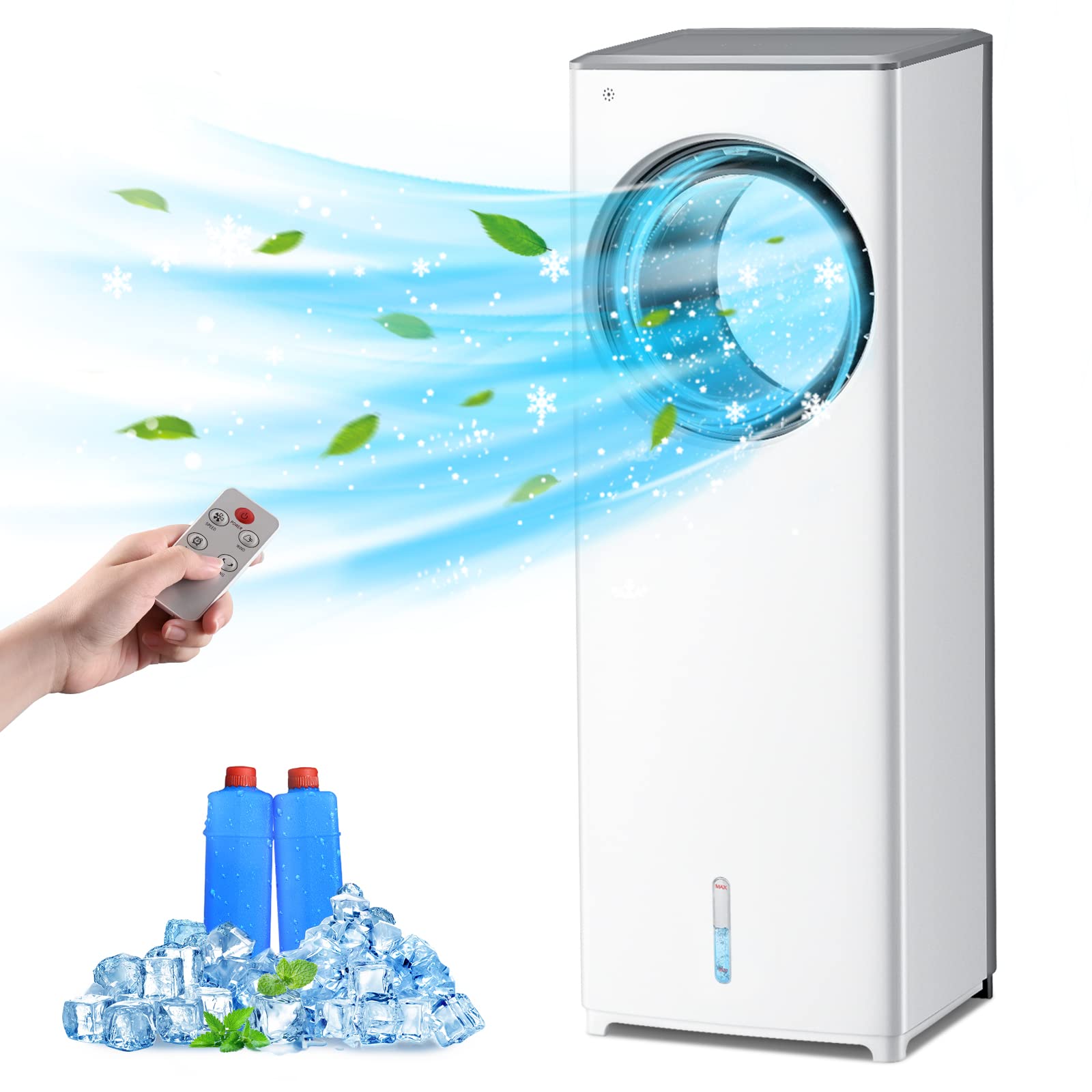 Evaporative Air Cooler-3-in-1 Portable Air-Cooling Fan, Instant Cool & Humidify with 3 Speeds, 8H Timer, 3 Modes, No Noise Tower Fan, No Dust, Bladeless Fan for Large Room Office (White)