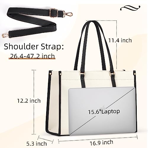 Laptop Bag for Women 15.6 Inch Canvas Tote Bag Water Resistant Large Capacity Work Bags Lightweight Office Briefcase Business Computer Bag Stylish Shoulder Bag Handbag, Black