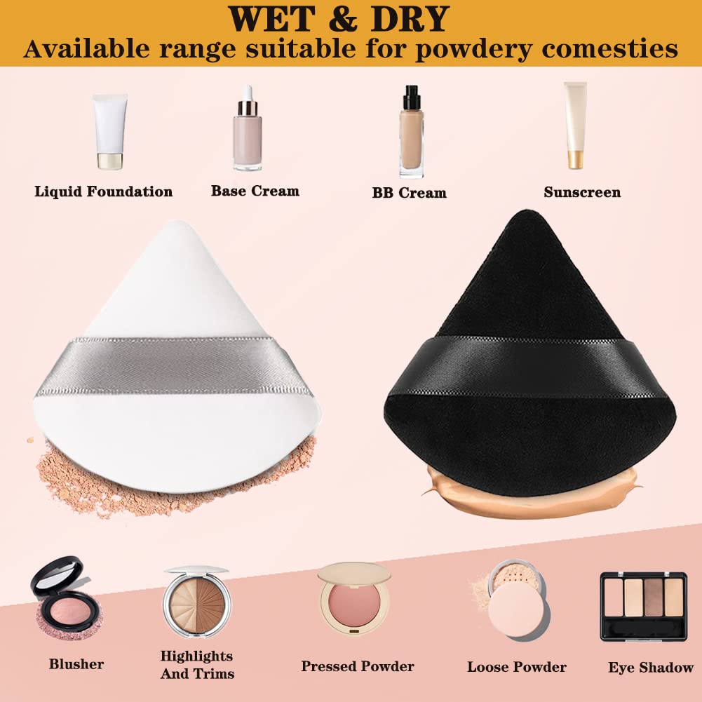 Triangle Powder Puff Makeup Puffs, 6 Pcs Ultra Soft Cotton Velour With Strap, Designed for Contouring,Under Eyes and Face Corners,Body Loose Powder Blending (White, Black)