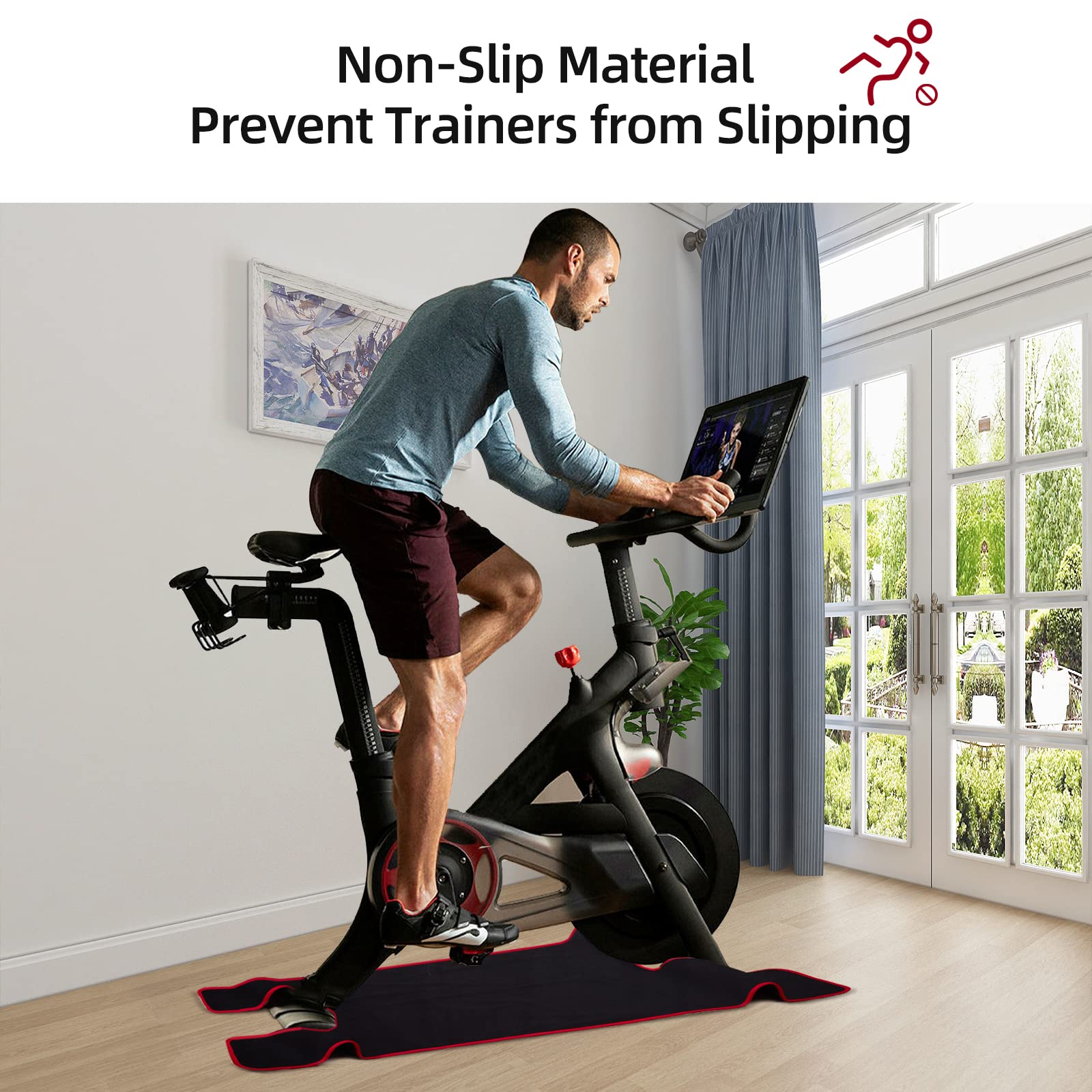 Exercise Bike Sweat Towel Mat, Super Absorbent Spin Bike Sweat Guard, Anti Slip & Machine Washable Mat Compatible with Peloton Bike, Peloton Accessories Black/Red