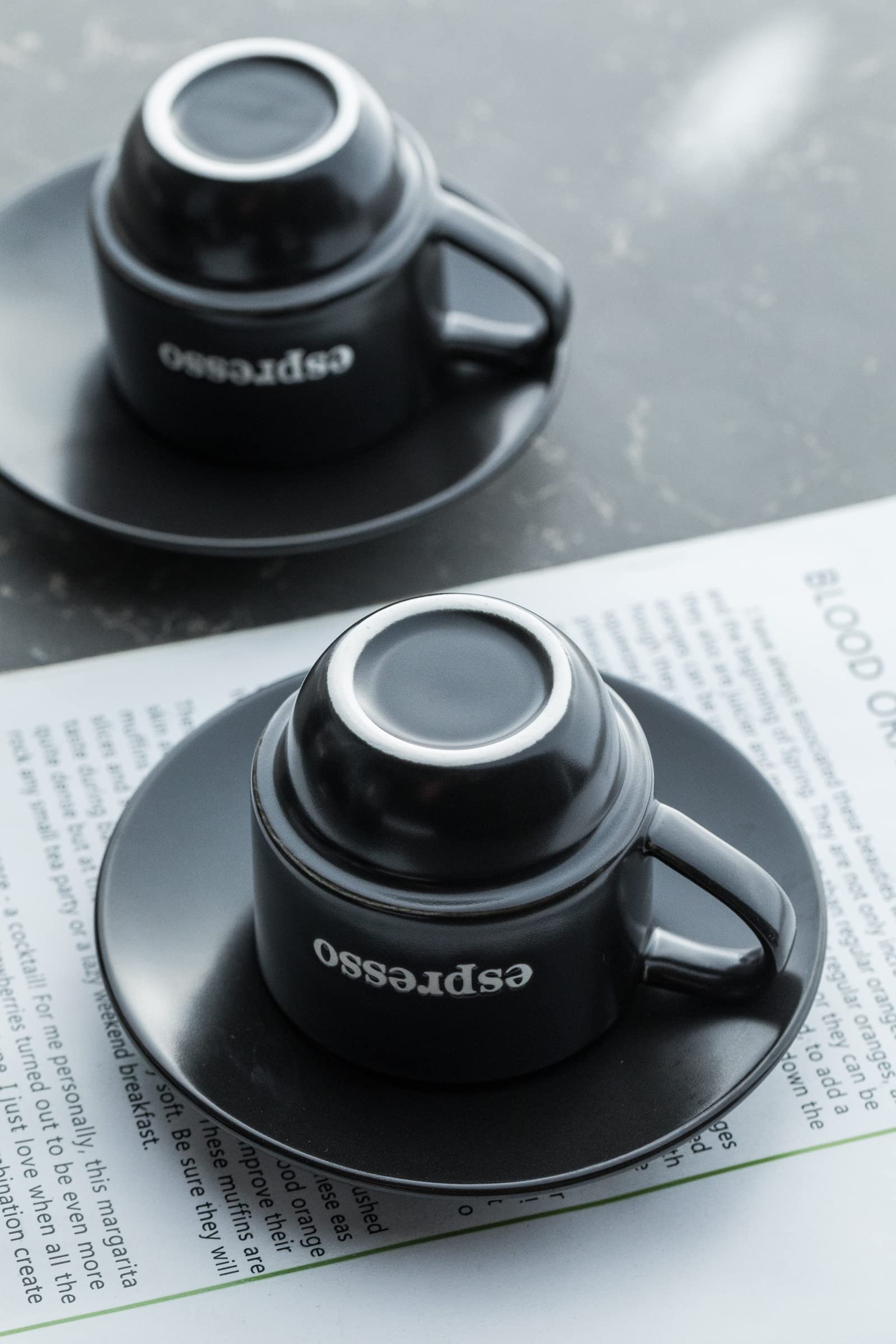 Espresso Cups with Saucers Set, Porcelain Coffee Cups Set with Metal Stand 4 OZ Stackable Demitasse Cups for Latte, Cafe, Mocha and Cappuccino, Tea Cup Set of 6, Thanksgiving Gifts, Black