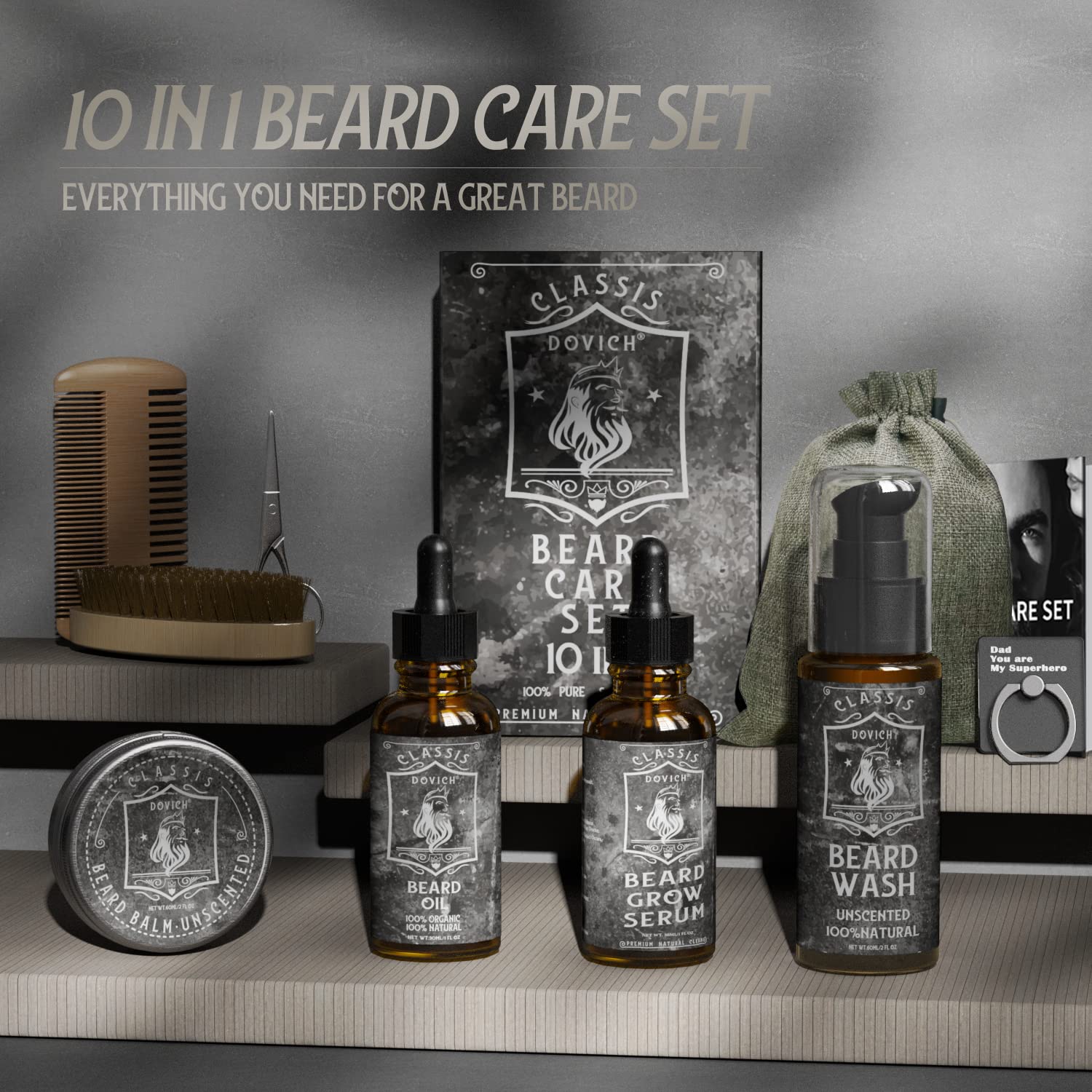 DOVICH 10 In 1 Beard Kit for Men, Gifts for Men, Beard Growth Kit, Beard Grooming Oil Leave-in Conditioner, Beard scissors, Beard Shampoo, Beard Balm, Beard Brush