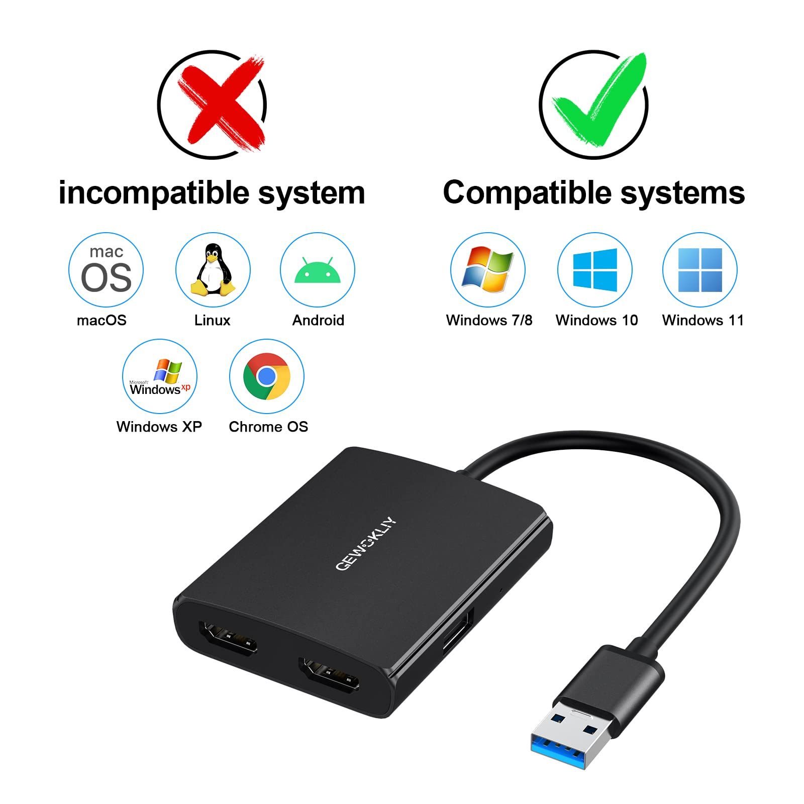 GEWOKLIY USB Dual HDMI Adapter, 1080P@60Hz, 3.5mm Audio Port, USB 2.0, Windows 7/8/10/11 Compatible