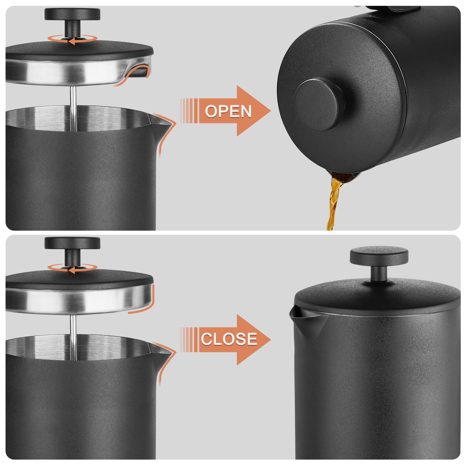 Fityou French Press Coffee Maker, Insulated 304 Grade Stainless Steel Insulated Coffee Press with 4 Level Filtration System, Keep Warm for 8 Hours, 34oz (1 Litre)