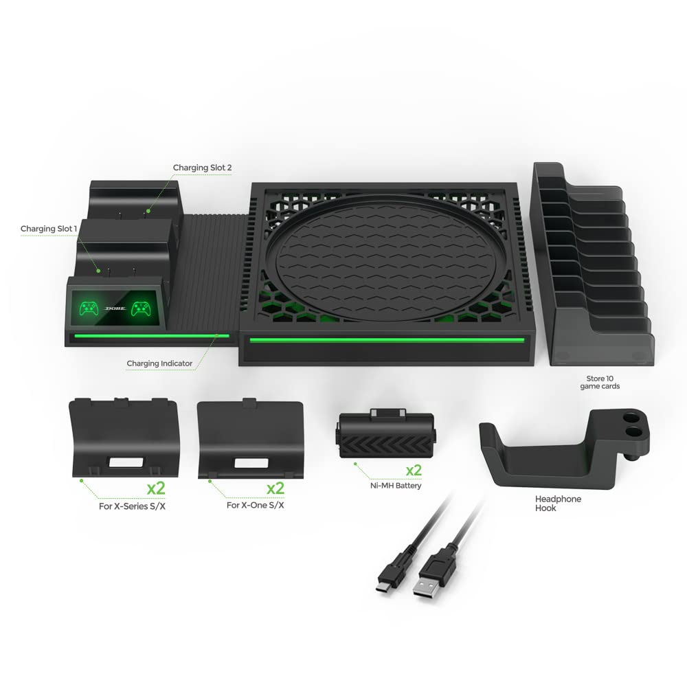 Game Host Cooling Base for Xbox Series X Console, Vertical Stand Gamepad Charging Dock Games Disk Storage Stand for XSX Accessories