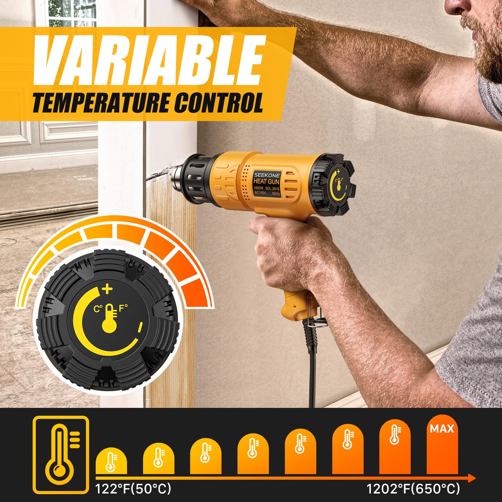 SEEKONE Heat Gun 1800W Hot Air Gun Variable Temperature Control for 2-Temp Settings 122℉~1202℉(50℃- 650℃) with 4 Nozzels for Crafts, Vinyl Wrap, Shrink Tubing