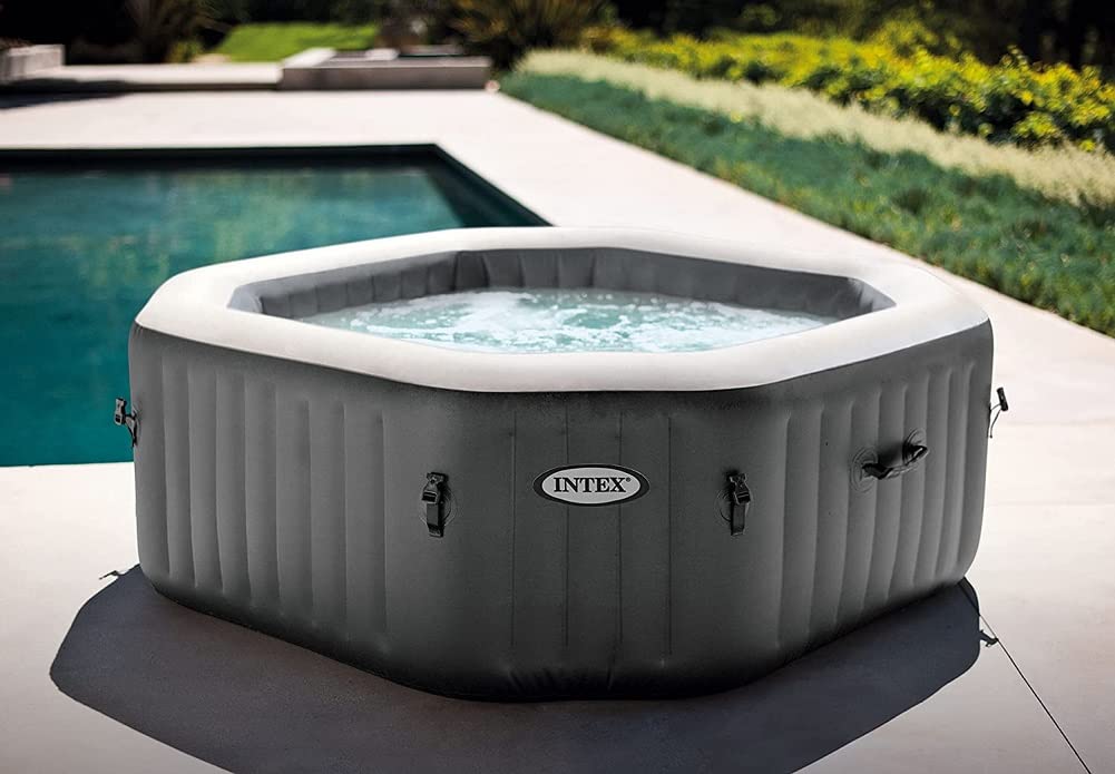 INTEX 28433EP PureSpa Bubble Deluxe Spa Set: Includes Energy Efficient Spa Cover β 120 Bubble Jets β Octagonal Design β 4 Person Capacity β 71" x 71" x 28"
