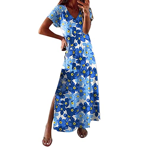 Fall Women Maxi Dress Summer Spring Short Sleeve Split Long Casual V Neck Boho Tank Dresses Beach Sundress Blue