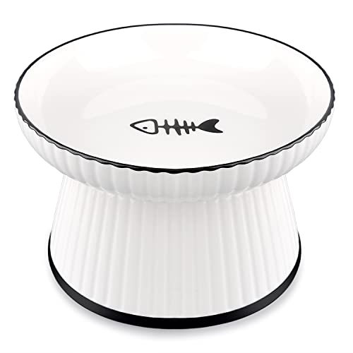 Large Ceramic Elevated Cat Food Bowl,Whisker Friendly Raised Cat Water Bowl,Stress Free Food Feeding Dish,Anti Whisker Fatigue Bowl with Anti-Slip Strip for Cats & Small Dogs,Non Tipping