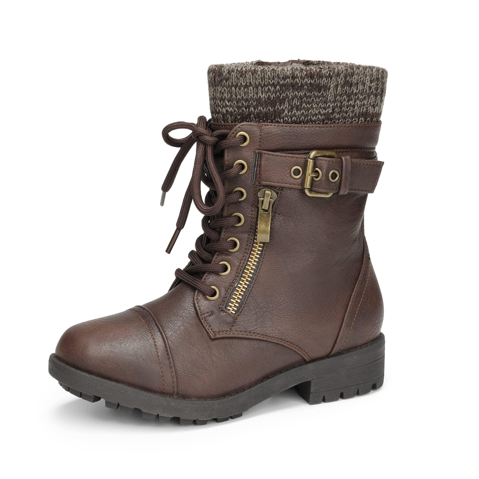 DREAM PAIRS Unisex-child Amazon-K Brown Girl's Mid Calf Combat Boots Size 2 Little Kid M US, Brown-z