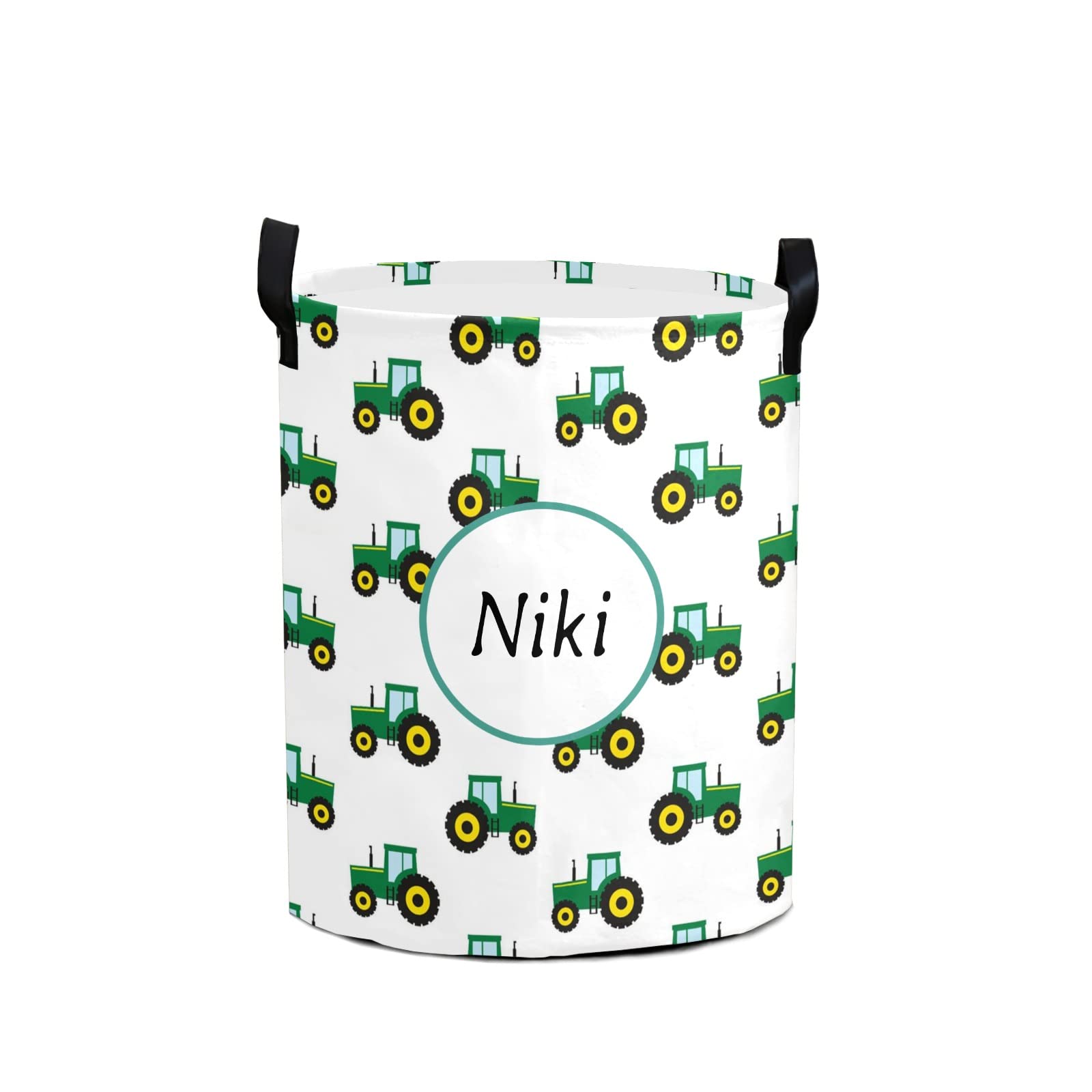 Farm Tractor Round Storage Basket Personalized Name Laundry Basket Waterproof Nursery Hamper with Handle for Living Room Bedroom and Clothes
