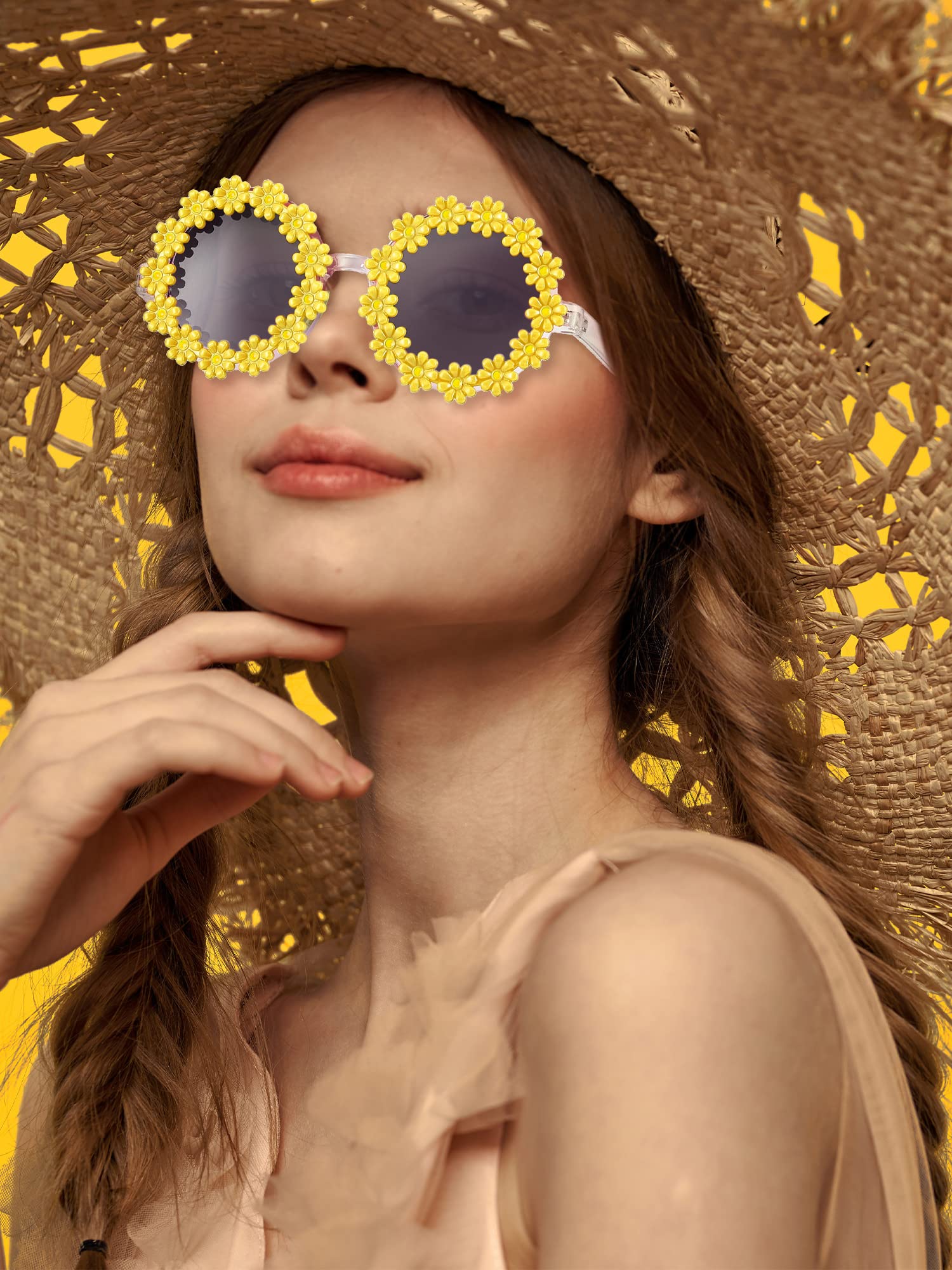 Dunzy 6 Pack Daisy Flower Sunglasses for Women Retro Hippie Round Glasses 70s Disco Groovy Sunglasses for Party Costume Accessories, 6 Colors