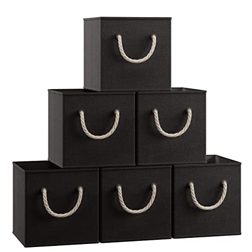 Ornavo Home Foldable Collapsible Storage Box Bins Linen Fabric Shelf Basket Cube Organizer with Rope Handles - Set of 6-13 x 13 x 13 - Black