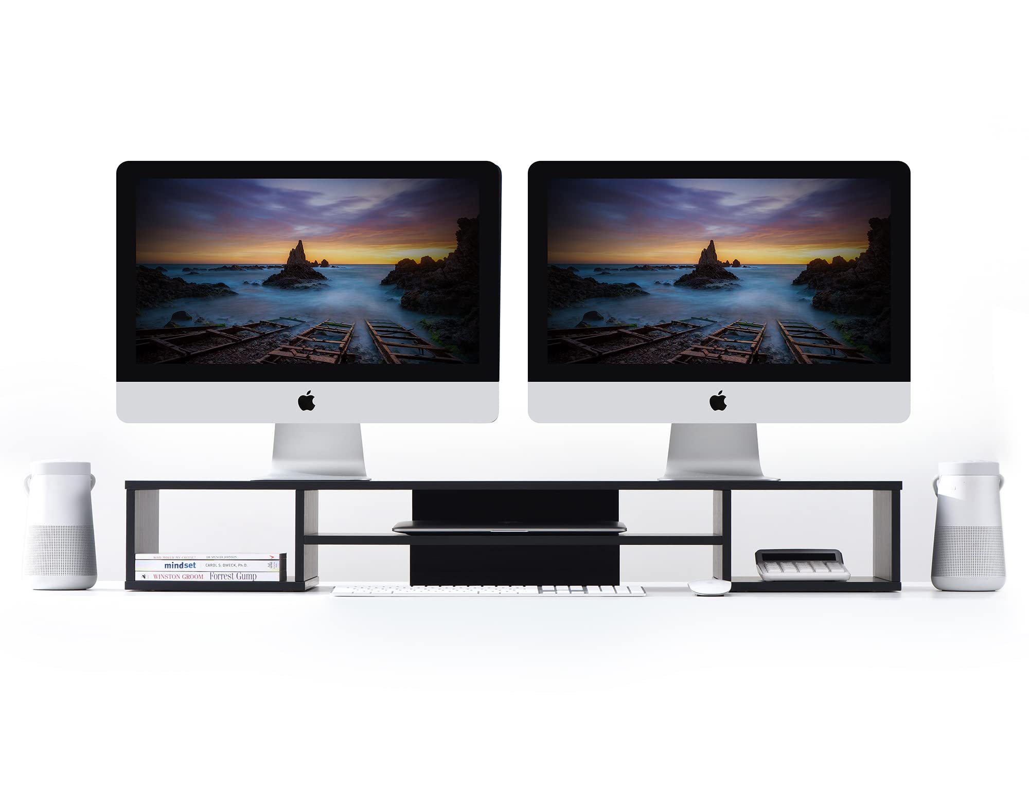 GICLAIN Dual Monitor Stand, Computer Dual Monitor Riser, Multi Screen Monitor Stand with 4 Storage Compartments (Black)
