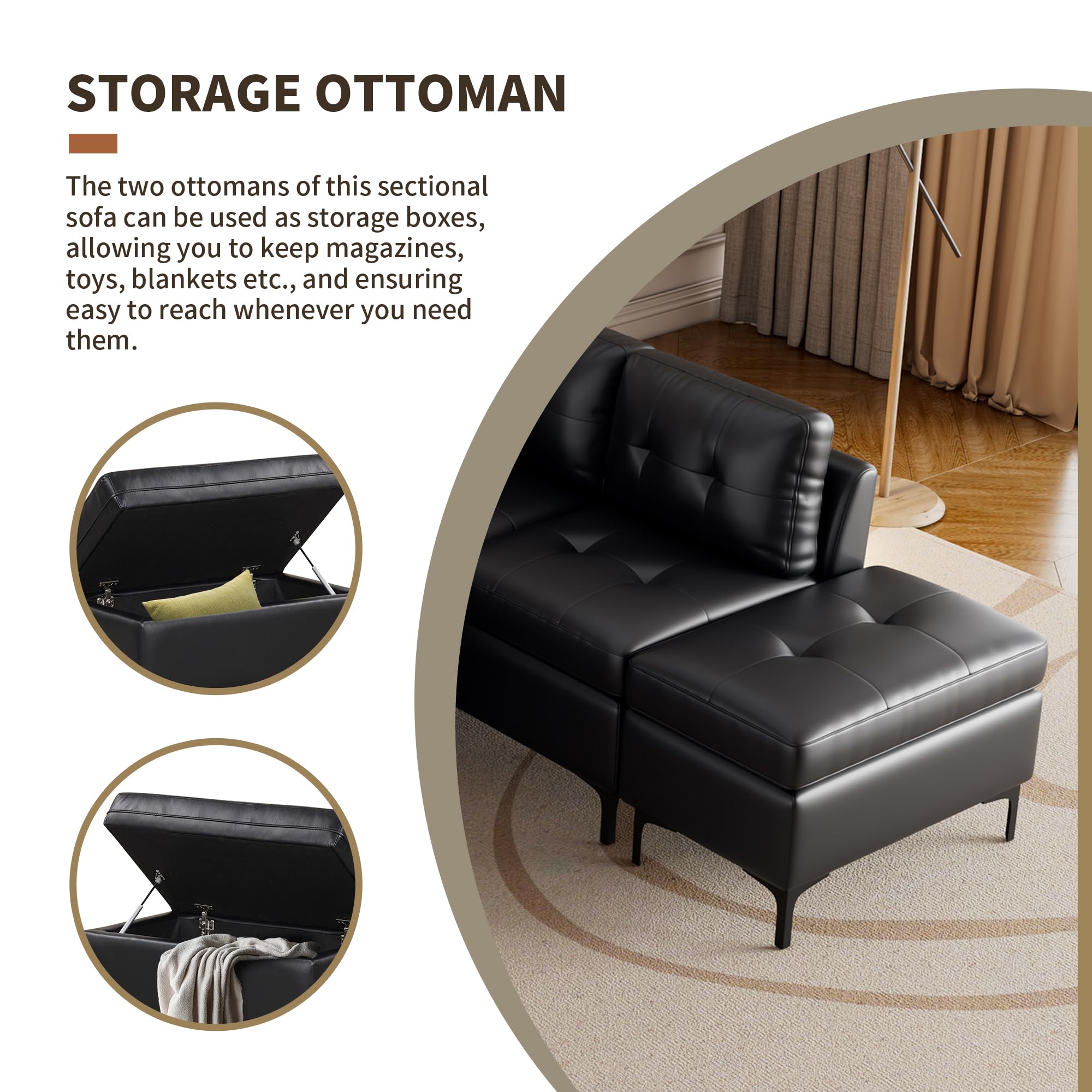 Linique 94.8" L-Shaped Pu Leather Sofa with 2 Movable Storage Ottoman, Modern Sectional Sofa Set for Living Room, Apartment, Black