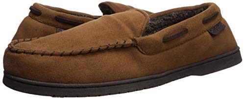 Dearfoams Men's Keaton Memory Foam Moccasin with Wide Widths Slipper, Chestnut Microsuede, Large