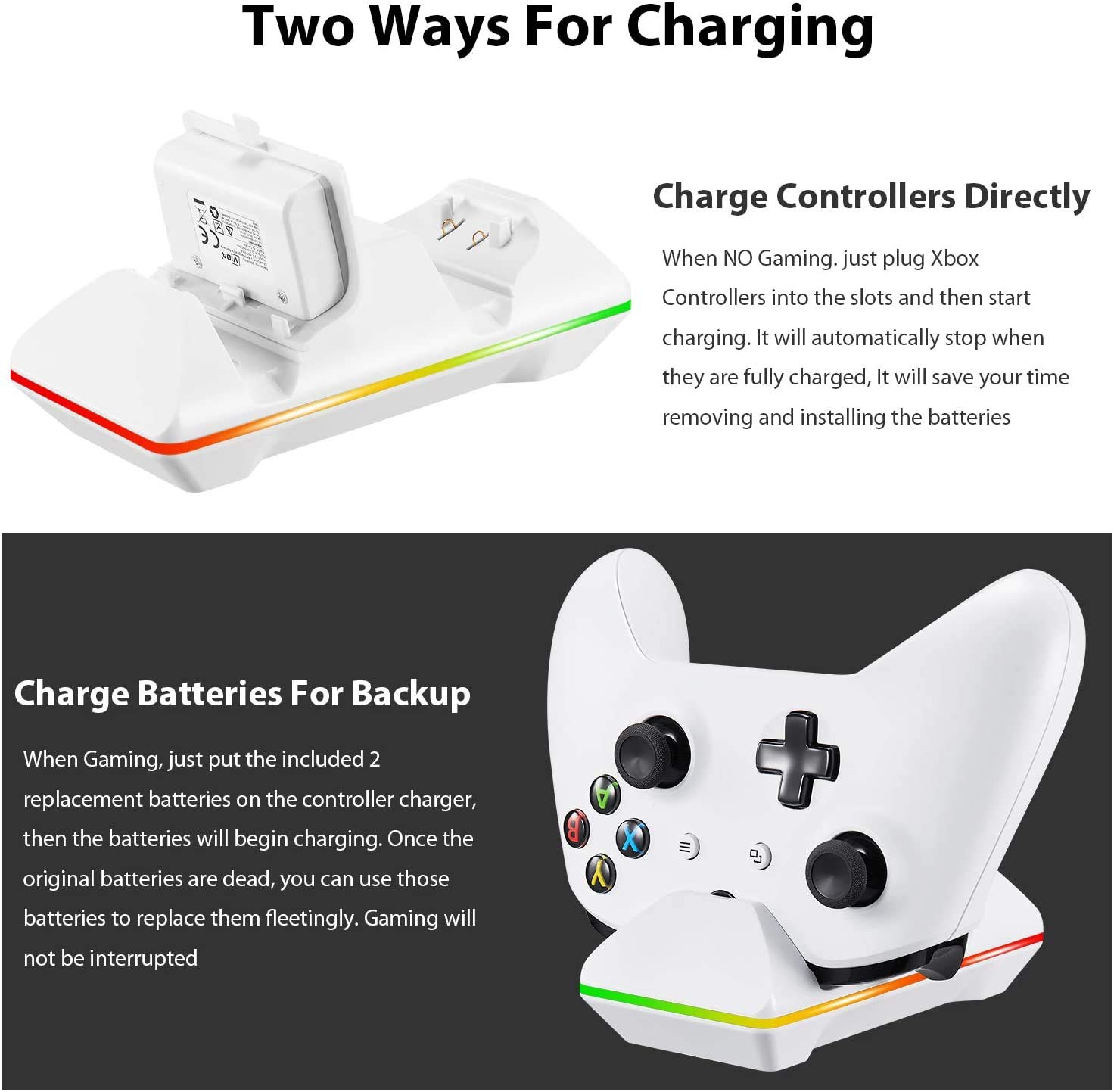 Controller Charger for Xbox One, CVIDA Dual Xbox One/One S/One Elite (Not for Xbox Series X/S 2020) Charging Station with 2 Rechargeable Battery Packs for Two Wireless Controllers Charge Kit– White