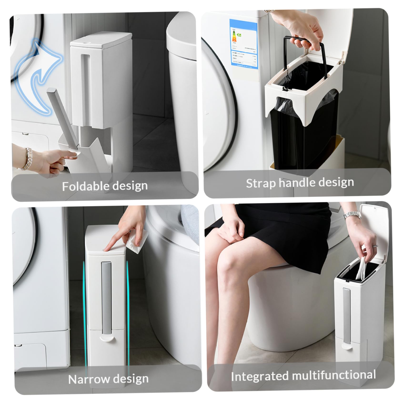KDAMGOQE Bathroom Bin Bathroom Trash Can 4.3x7.9x16.3 in Slim Bathroom Bin with Toilet Brush Holder Press-Opening Space Saving White Rectangular Diaper Trash Can for Toilet Kitchen