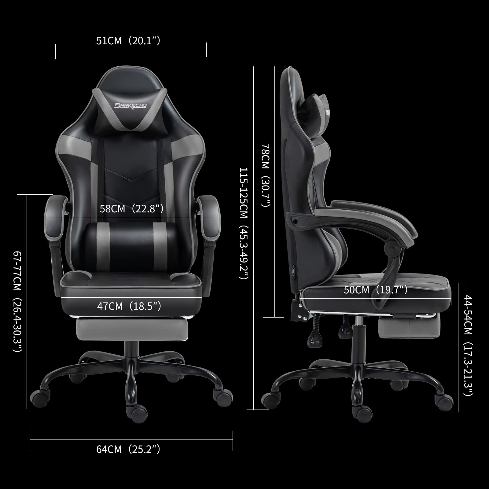 Darkecho Massage Gaming Chair with footrest,Computer Chair with Flat Seat Cushion,Height Adjustable Gamer Chair with Padded Armrests,Headrest and Lumbar Support for Office or Gaming Black/Grey