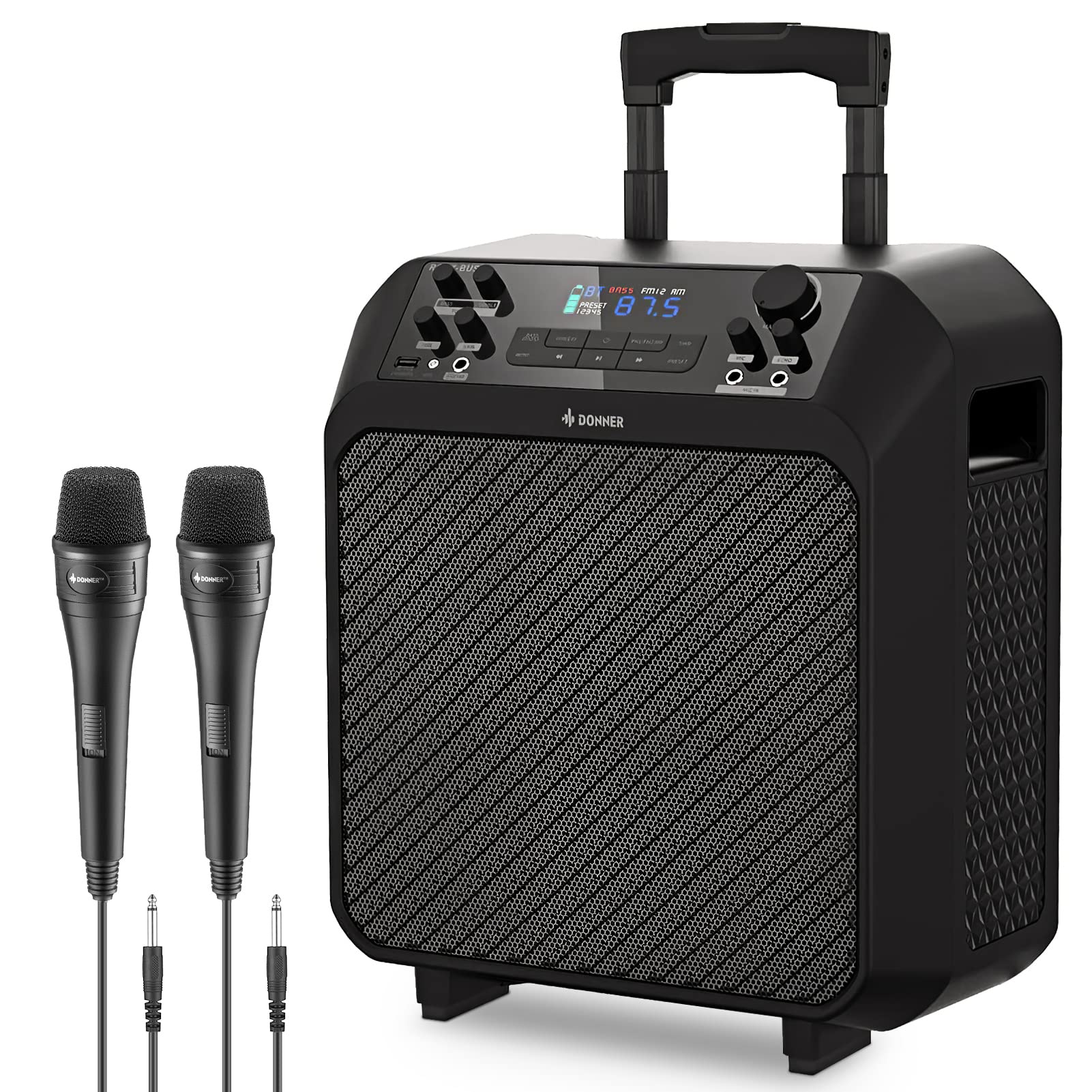 Donner Portable Bluetooth Speaker, PA System Subwoofer for Christmas, Karaoke Machine with 2 Wired Microphones, Supports Voice Changing, Treble/Bass Adjustment, Guitar Input, AUX, FM/AM, USB-Charging