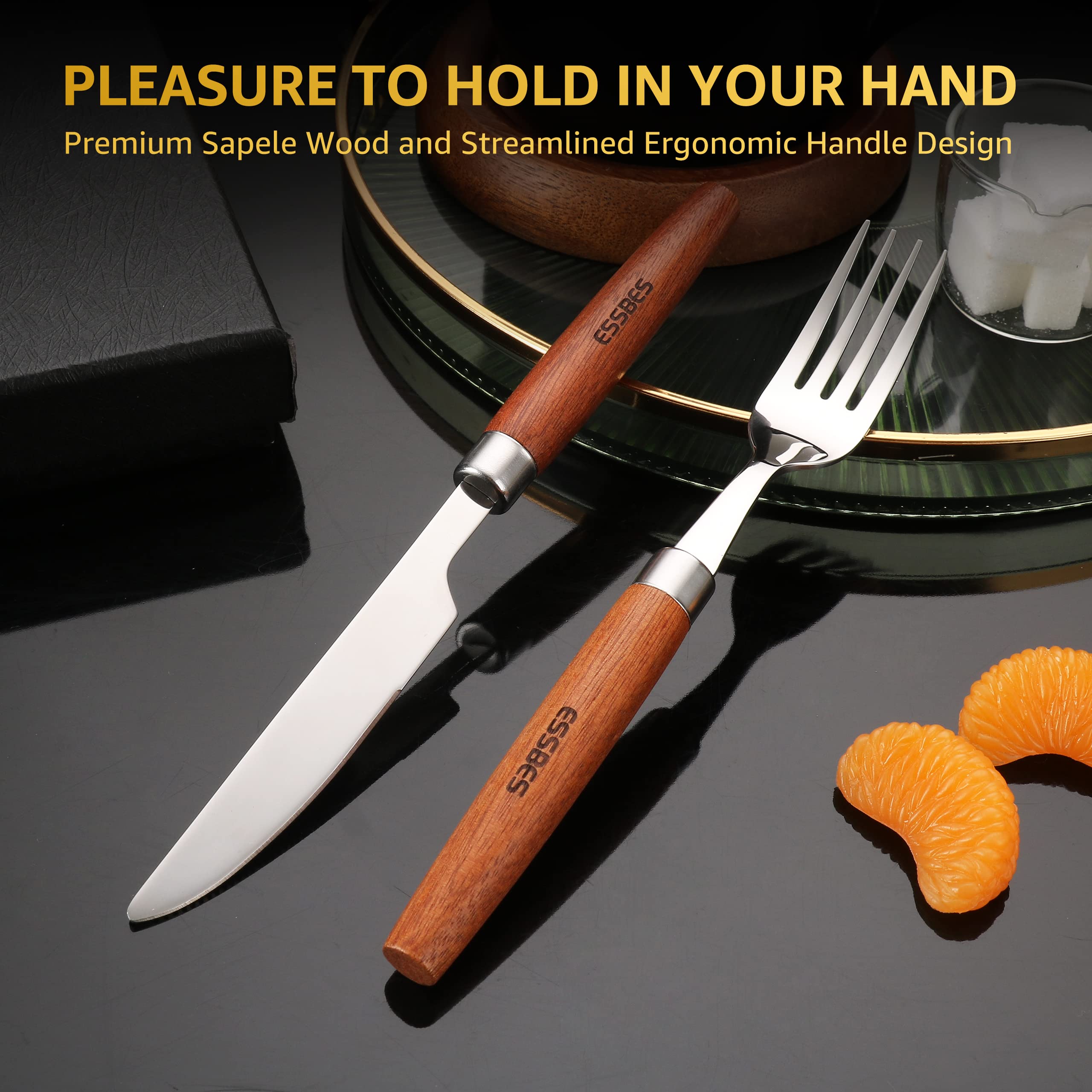 ESSBES 5-Pcs Wooden Handle Silverware Set - Stainless Steel Flatware Set with Fork, Spoon, Knife, Dessert Spoon, Chopsticks and Delicate Gift Box, Portable Cutlery Set For Home Kitchen Hotel & Gift