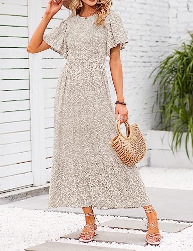 ZESICA Women's 2023 Summer Casual Floral Print Short Flutter Sleeve Crew Neck Smocked High Waist Flowy Maxi Dress,Beige,X-Large