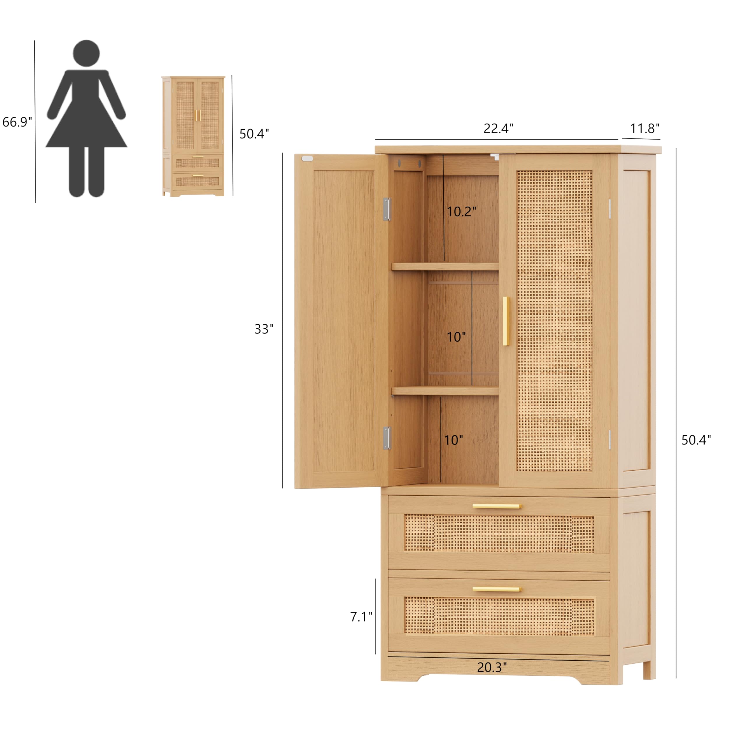 Keehusux 50.4" H Bathroom Storage Cabinet, Modern Floor Cabinet with Adjustable Shelf, Small Pantry with 2 Doors & Drawers, Storage Cabinet for Bathroom, Living Room, Kitchen, Natural KES007MCWG