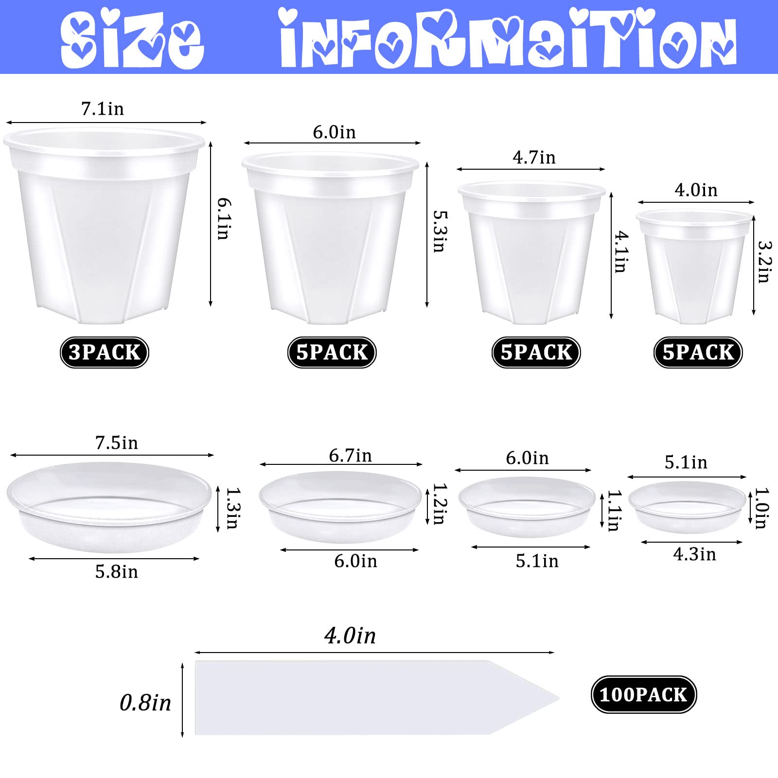 Ioffersuper 18-Pack Nursery Pots Clear Pots with 18 Tray, 4 Sizes Plastic Pots for Transplant and Seedlings Starter Plants Planting Pots, 100 Pcs of Plant Labels
