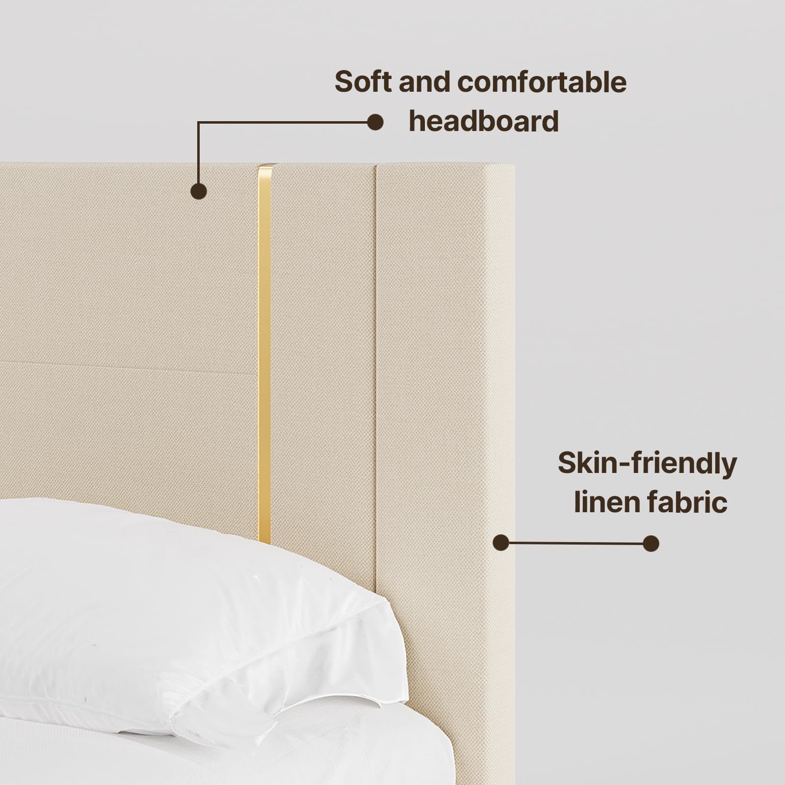 Gizoon Upgrade Queen Bed Frame, Upholstered Platform Bed Frame with Modern Headboard, Sturdy Metal Frame, Wooden Slats, Easy Assembly, Noise-Free, No Box Spring Needed, Beige