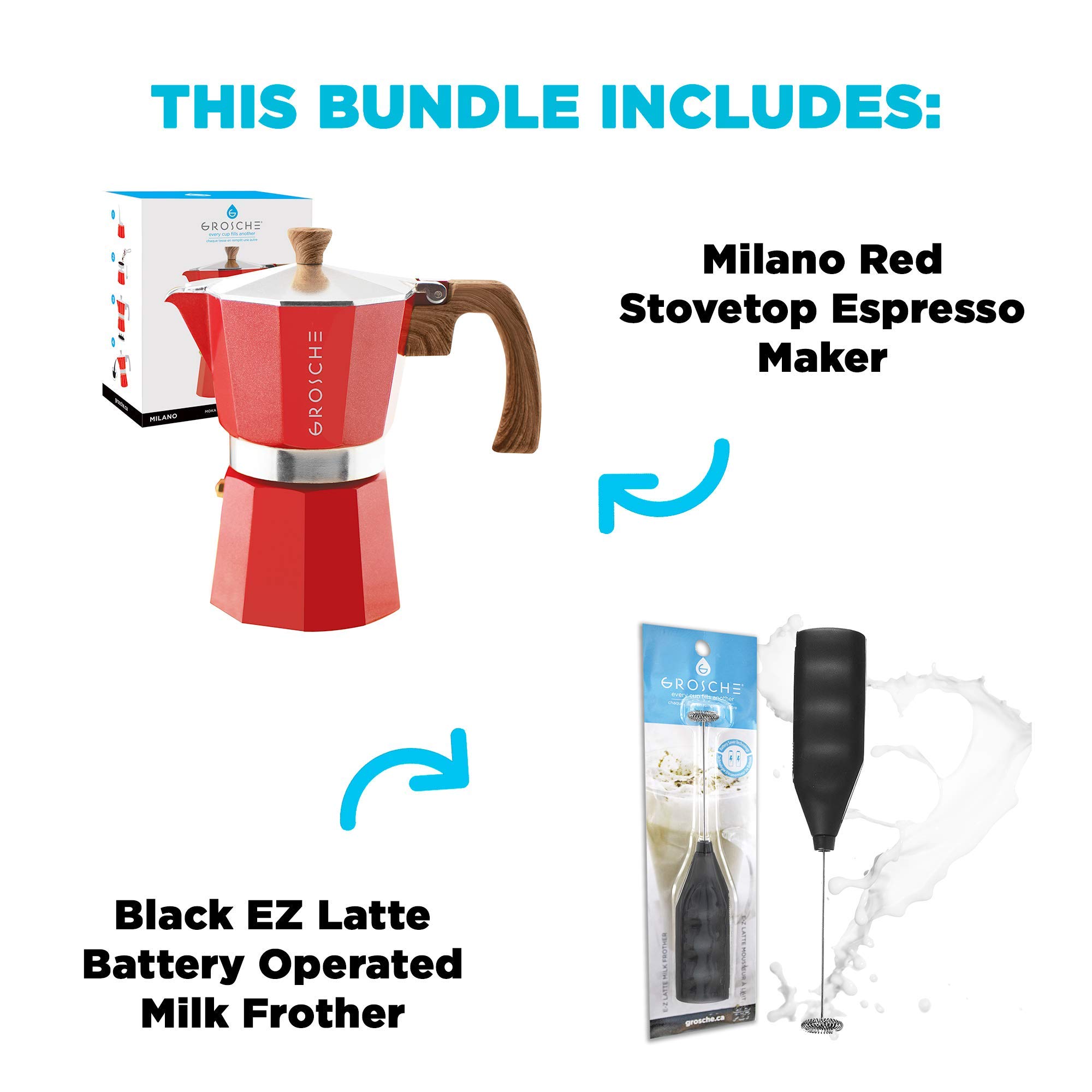 GROSCHE Milano Stove top espresso maker (3 espresso cup size 5 oz) Red, and battery operated milk frother bundle for lattes