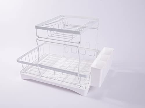 ZhenGuiRu Dish Drying Rack, 2-Tier White Dish Racks for Kitchen Counter, Detachable Large Capacity Dish Drainer Organizer with Utensil Holder, Dish Drying Rack with Drain Board