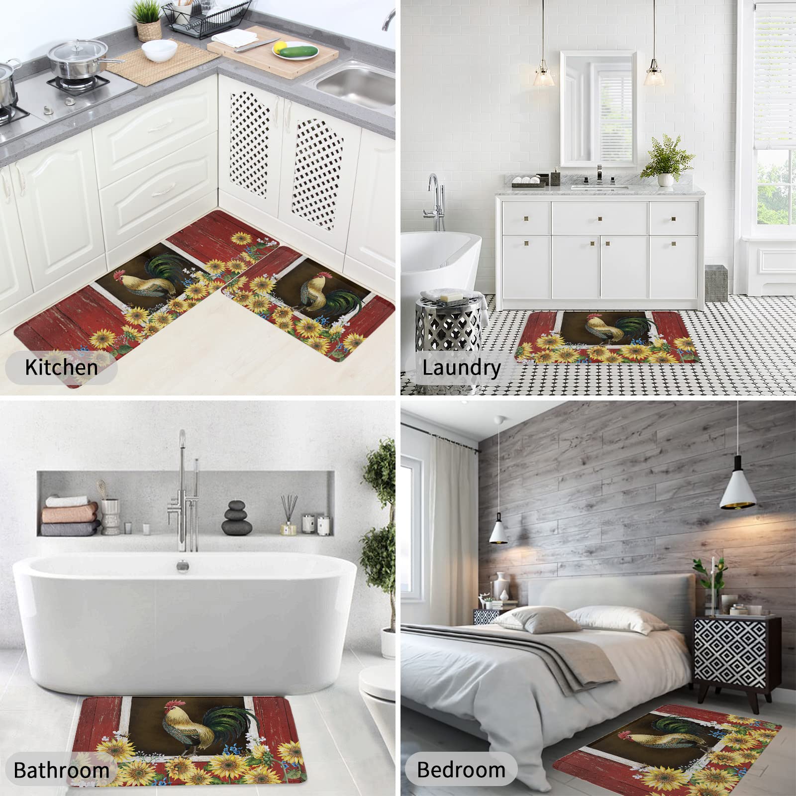 Farmhouse Rooster Kitchen Mats and Rugs Set of 2, Washable Absorbent Chicken Sunflower Kitchen Runner Rug Carpet Anti-Fatigue Comfort Mat for Kitchen Bathroom Laundry