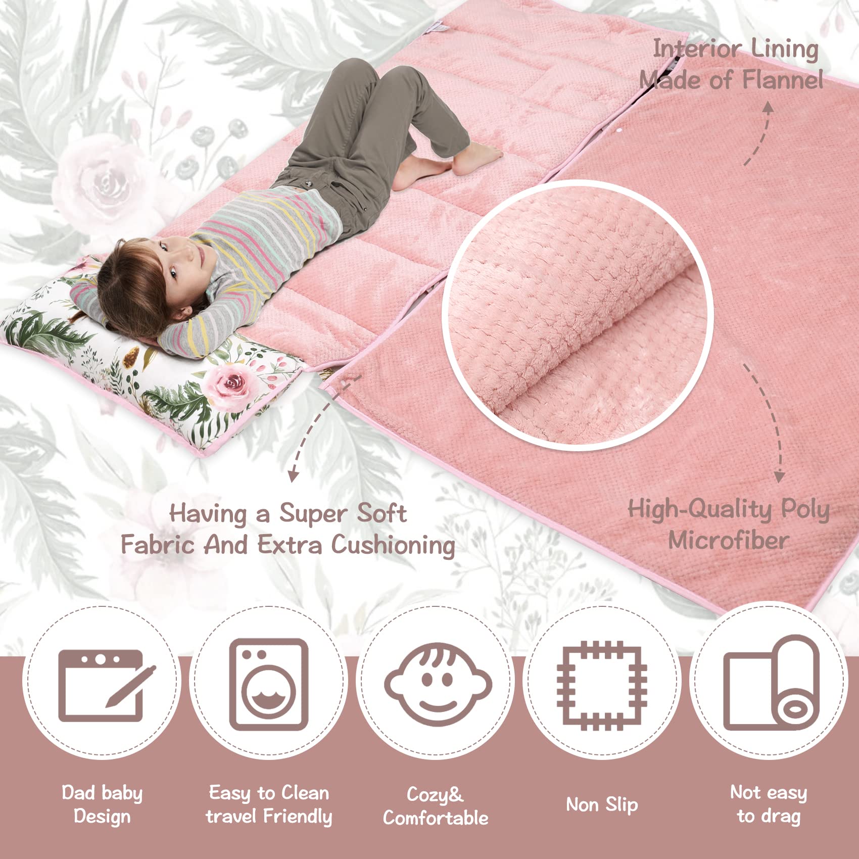 Dad-Baby Toddler Nap Mat with Removable Blanket and Pillow, Extra Large Rolled Napping Mats,Toddler Sleeping Bag,Kids Sleeping Bag for Daycare,Nap Mats for Preschool(Flower Pattern)