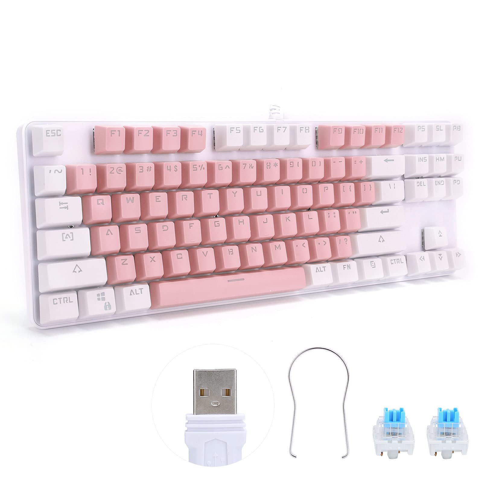 Gaming Keyboard, 87 Keys USB Wired Blue Switch Mechanical Keyboard, White and Pink Keycaps Sakura Keyboard, for Laptop Computer etc(Pink with White)