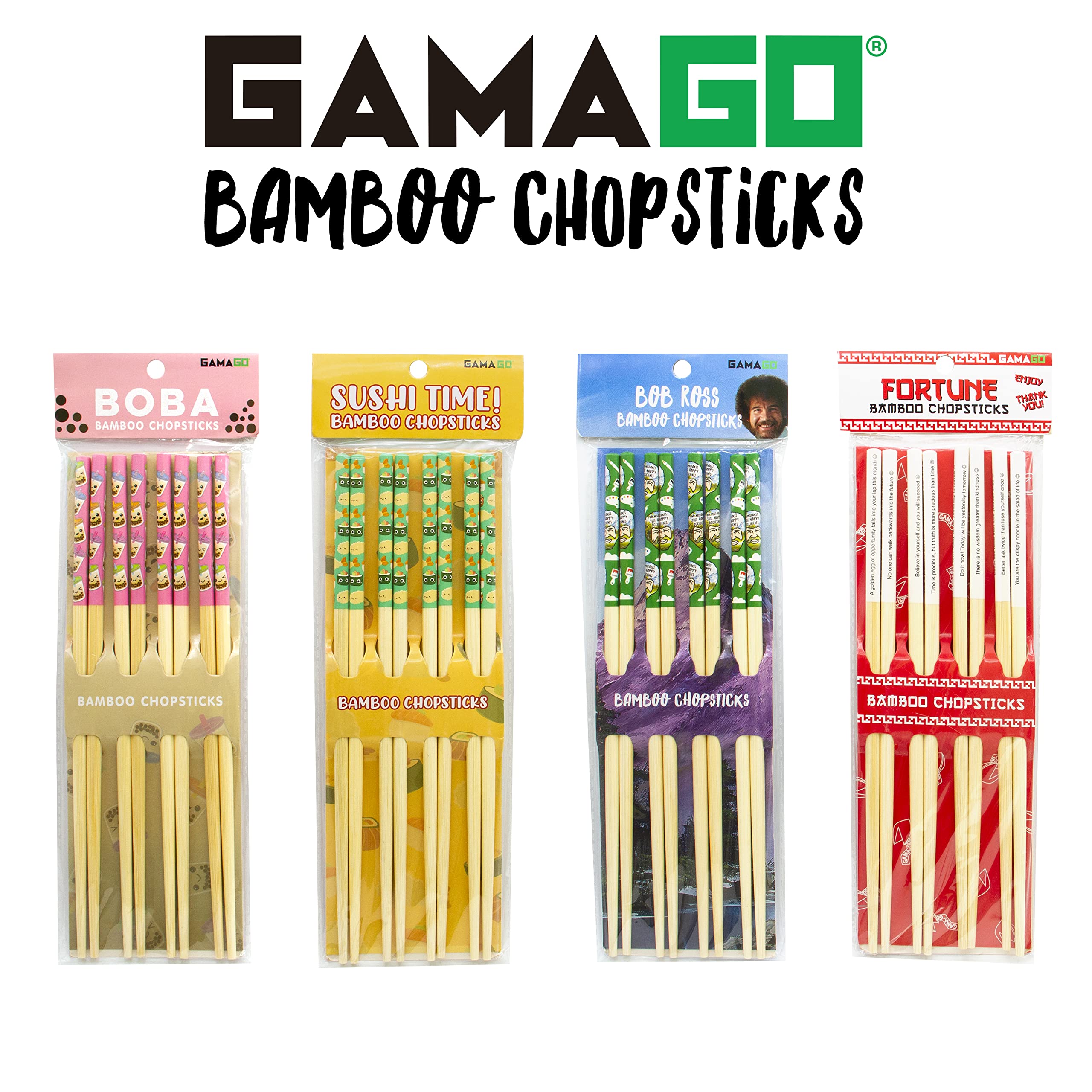 GAMAGO Bob Ross Bamboo Chopsticks Set - 4 Pairs of Adorably Cute Reusable Chop-sticks - Easy Grip, Lightweight, Durable, 9.25 Inches