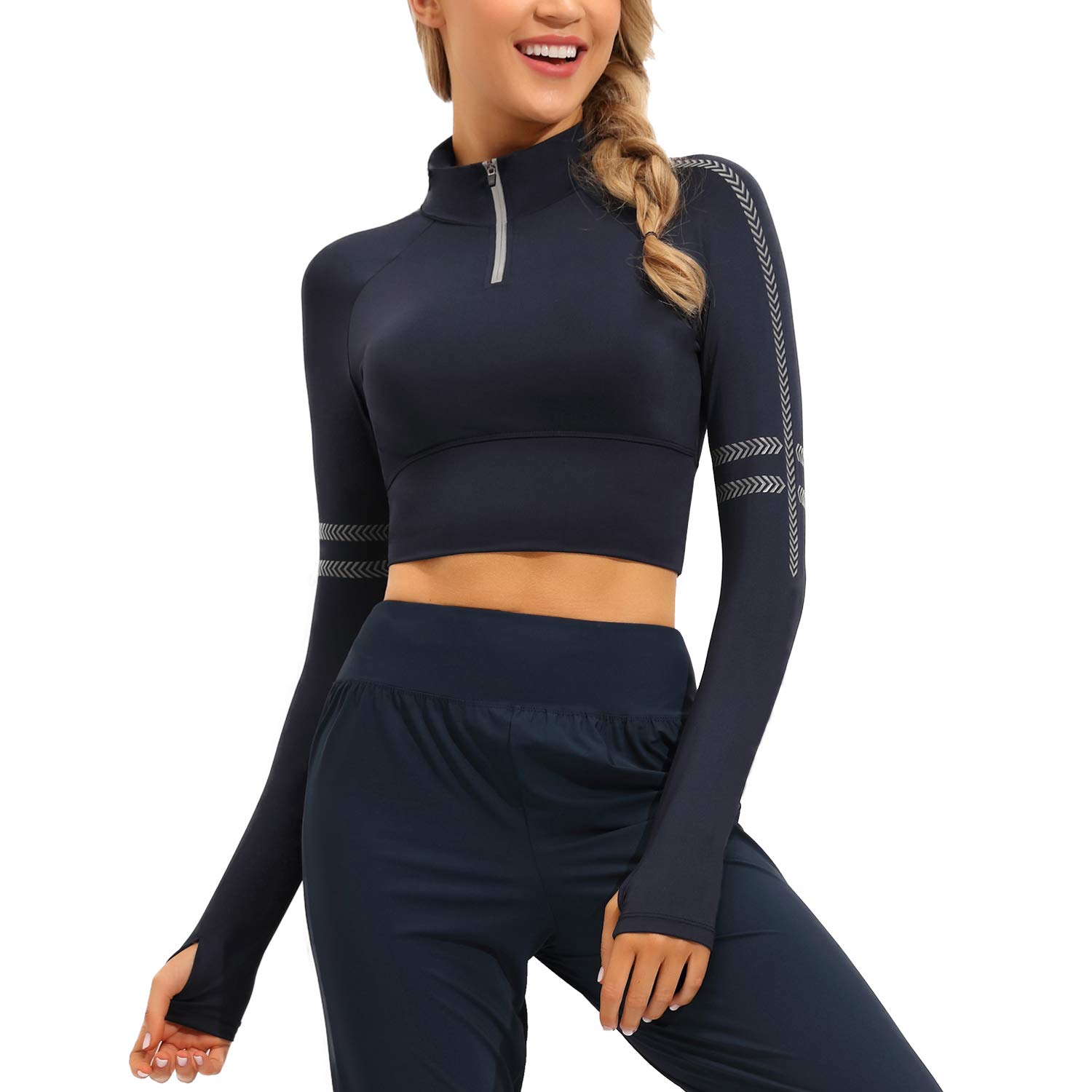 DREAM SLIM Women's Athletic Cropped Jacket Stretchy Lightweight Half Zip Running Track Jacket Pullover for Women and Teen Girls (Blue,M)
