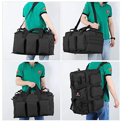 Sparklekle Military Duffel Bag 50L Gym Bag for Men Convertible Weekend Backpack for Sports Travel Camping (Black)