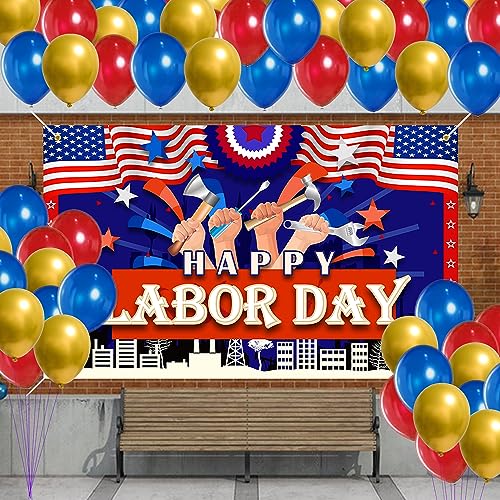 Labor Day Backdrops with 60 pcs Colorful Latex Balloons, Red Happy Labor Day Backdrop Banner Sign Hanging Fabric Photography Background Board Flag Photo Booth Prop Wall (71x44 Inch)-A
