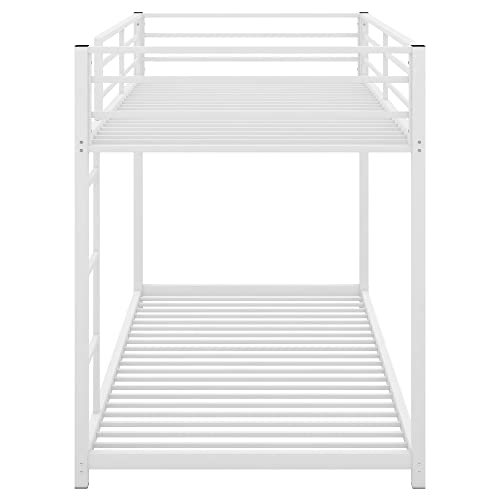 ZJIAH Metal Bunk Bed Twin Over Twin, Low Bunk Bed Frame with Ladder & Guardrail for Teens Adults Dormitory Bedroom, Heavy Duty Metal Bed Frame, Easy Assembly, No Box Spring Required, White
