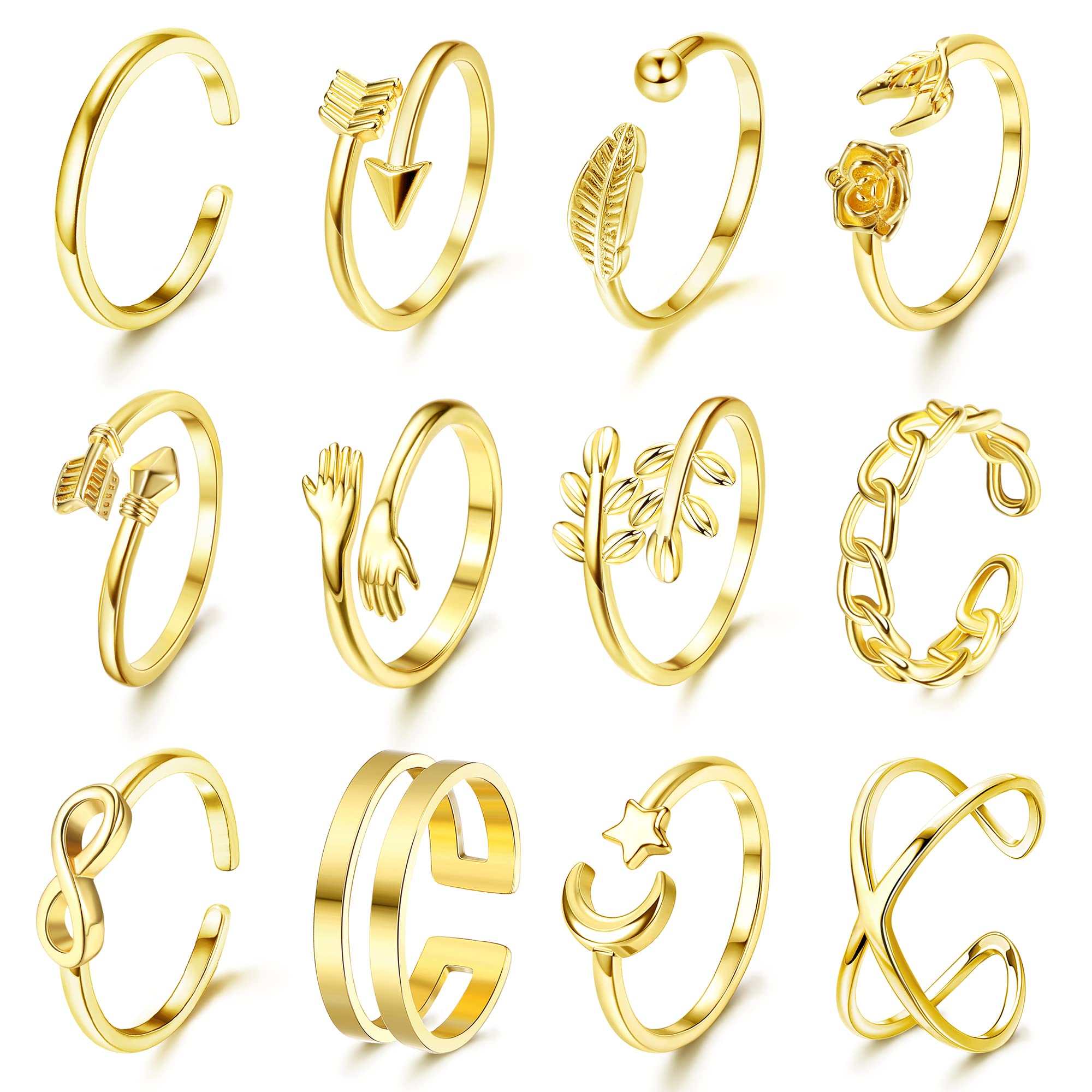 DOLOTTA 12 Pcs Open Knuckle Rings Set for Women Arrow Knuckle Rings Rose Moon Star Stackable Rings Thumb Adjustable Rings Set