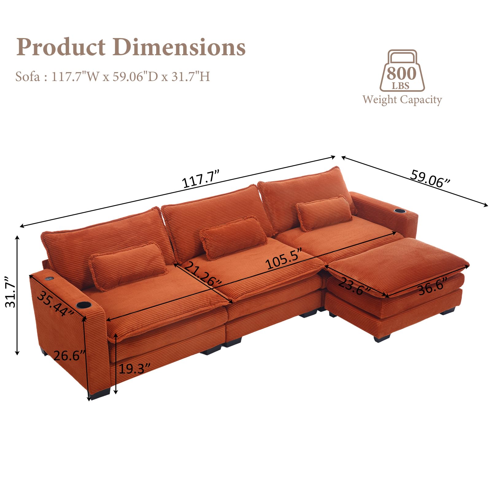 KIVENJAJA Corduroy Cloud Sectional Couch, Modern Comfy Modular L-Shaped Sectional Sofa with Ottoman, Cup Holders & USB Port for Living Room Apartment, 117.7”W, Orange
