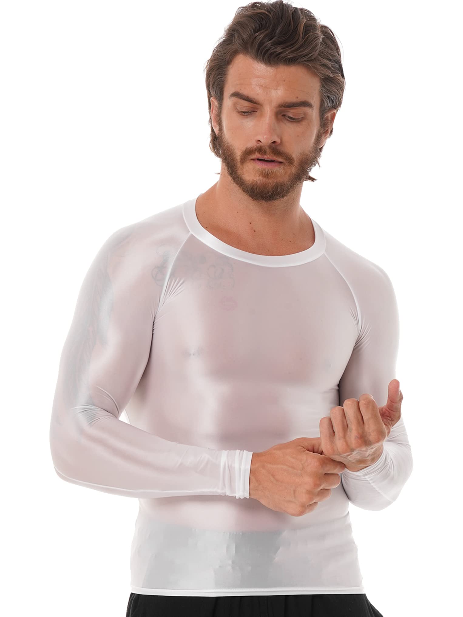 Doomiva Mens Long Sleeve Tops Round Neck Skinny T-Shirt Solid Color Elastic Sportswear Shapewear White Large