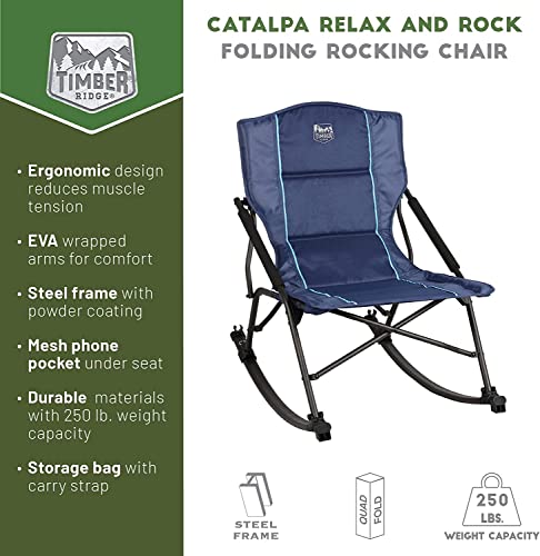 TIMBER RIDGE Folding Rocking Camping Chair with Hard Armrests, Portable Outdoor Rocker for Patio, Garden, Lawn, Supports up to 250 lbs, Blue