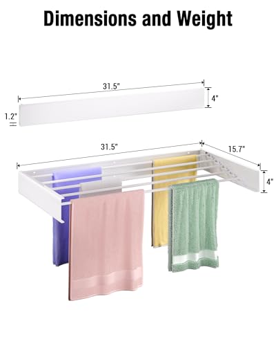 Laundry Drying Rack, 31.5" Wall Mounted Drying Rack, Collapsible Drying Rack with 60lbs Capacity, Space Saving Drying Rack with Wall Template, Screwdriver Bit & Drill Bit, White Upgrade