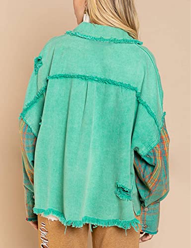 Zontroldy Denim Jean Jacket Shirt for Women Plaid Patchwork Distressed Ripped Frayed Denim Jean Jackets Shacket(0828-Green-M)