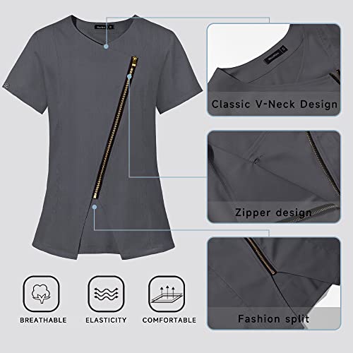 niaahinn Scrubs Top V-Neck with Zipper for Women Originals Women's Mecical Uniform Top (Grey,L,Large)
